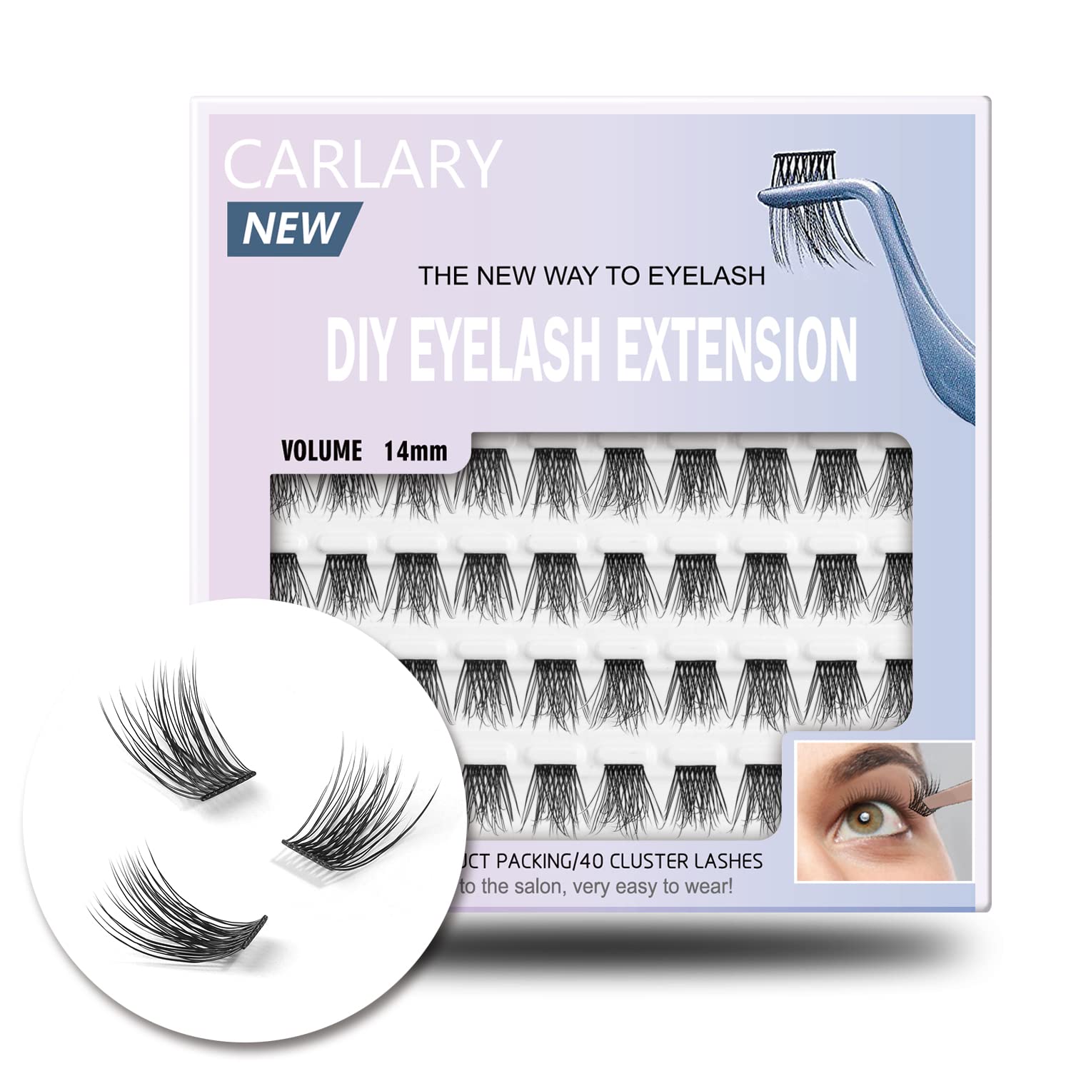 CarLary Lash Clusters, DIY Eyelash Extension, 40 Mini Glue Bonded Clusters Individual Lashes, Wispy Fluffy Reusable Artificial Natural Look, C Curl Lashes Pack (Volume-14mm)