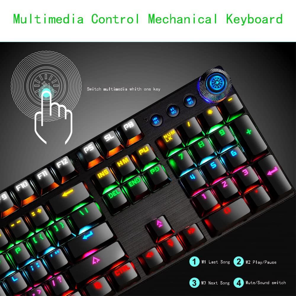 YXKJGS Blue Switch Mechanical Gaming Keyboard USB Wired 104-Key Standard Multimedia Ergonomic Keyboard (104Key, Black)