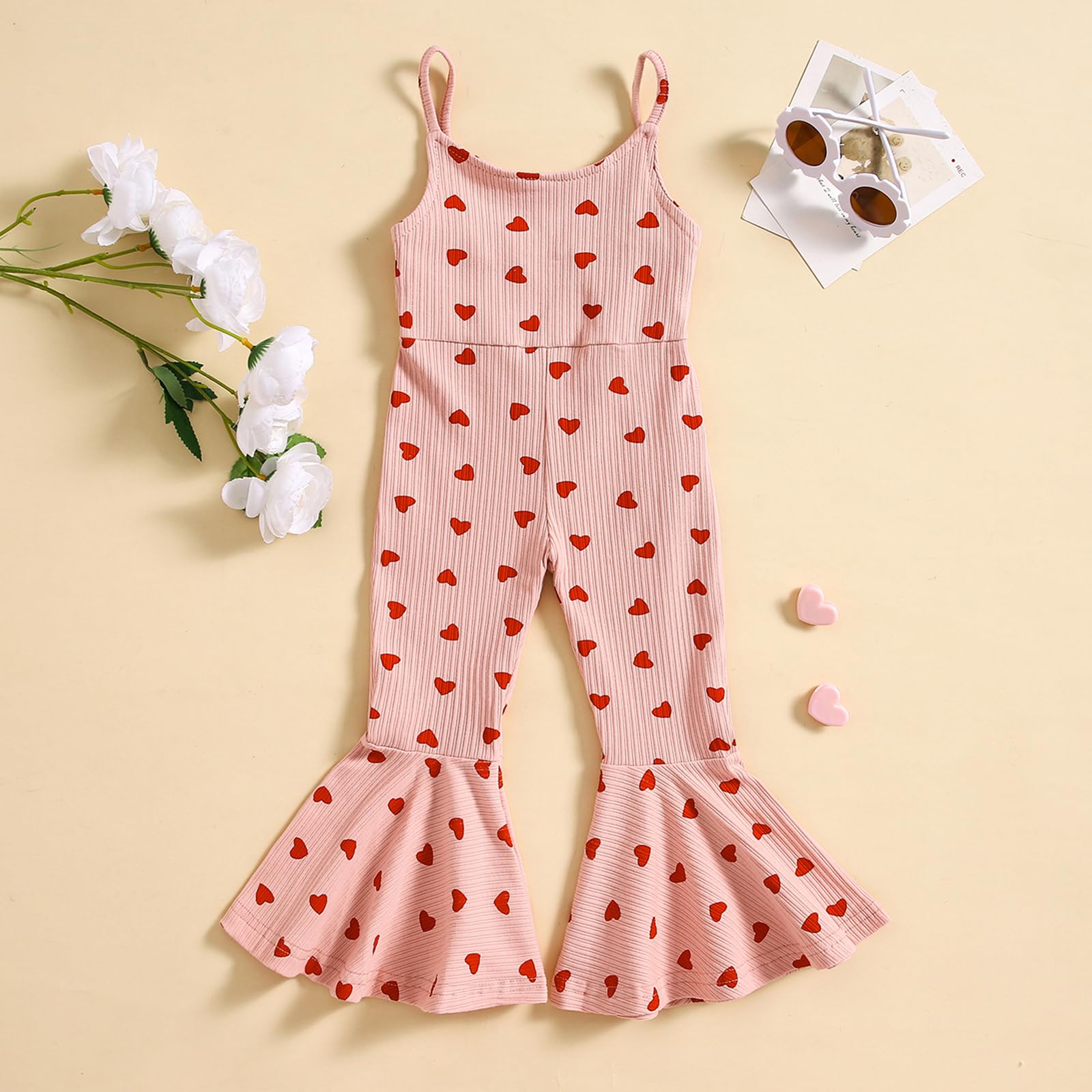 Guodeunh Toddler Baby Girls Bell-Bottoms Jumpsuit Ribbed Sleeveless Spaghetti Straps Romper Heart Print Valentine's Day Outfit (Pink, 4-5T)