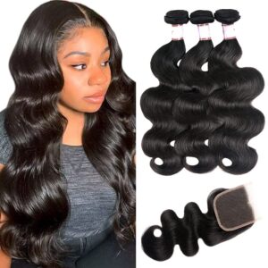 kdmidun body wave bundles with closure human hair (14 16 18+12) 100% unprocessed brazilian body wave human hair bundles with 4x4 lace closure free part natural color (bundles with closure)