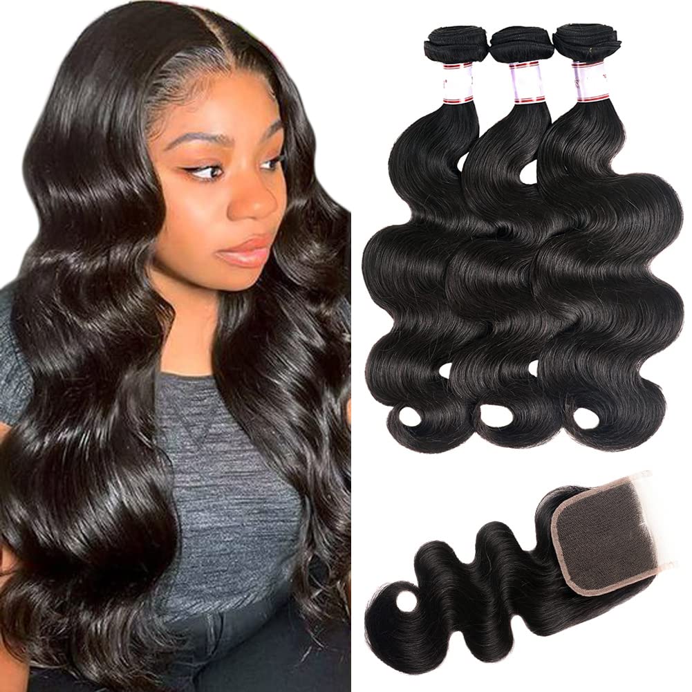 Kdmidun Body Wave Bundles with Closure Human Hair (14 16 18+12) 100% Unprocessed Brazilian Body Wave Human Hair Bundles with 4x4 Lace Closure Free Part Natural Color (Bundles with Closure)