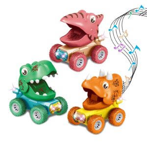 dinosaur cars toys - 3pcs dinosaur monster trucks car toy with light and music, dinosaur toys for 18 months+ year old boy