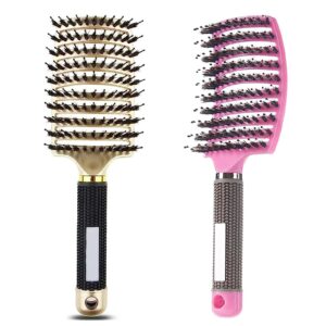 hairstreaq detangling brush, detangler hair brushes, curved and vented for wet or dry detangling hair brush for men, women & kids’ long, thick, thin, curly & tangled hair (pink+gold)