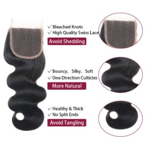 Kdmidun Body Wave Bundles with Closure Human Hair (14 16 18+12) 100% Unprocessed Brazilian Body Wave Human Hair Bundles with 4x4 Lace Closure Free Part Natural Color (Bundles with Closure)