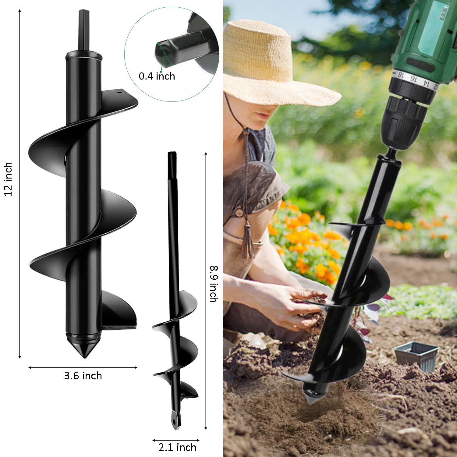 LIKYUU Auger Drill Bit for Planting, Garden Auger Spiral Drill Bit for Flower Bulbs& Bedding Planting, Umbrella Holes Digging, for Most 12inchx3.6inch and 8.9inchx2.1inch Drive Drill