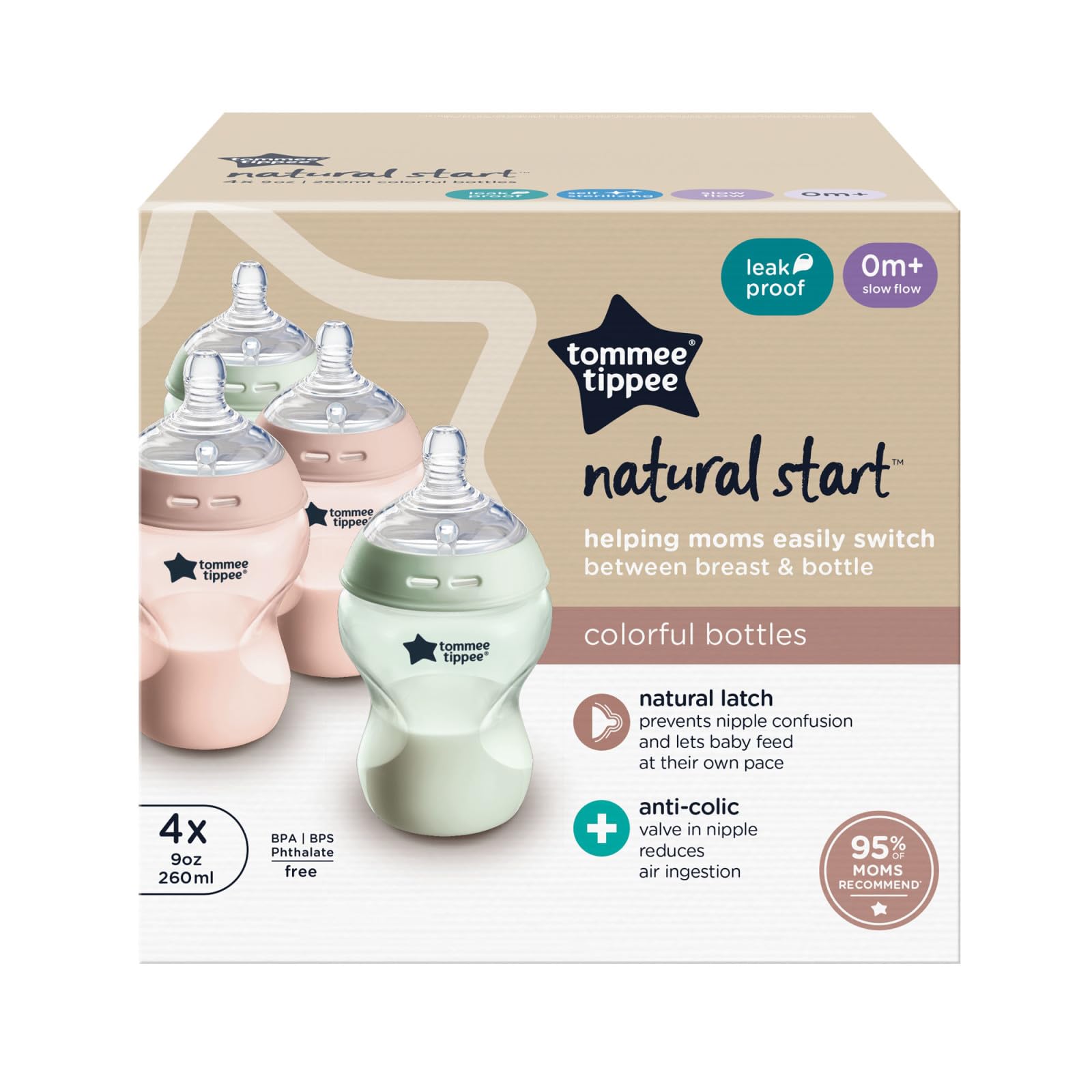 Tommee Tippee Baby Bottles, Natural Start Anti-Colic Baby Bottle with Slow Flow Breast-Like Nipple, 9oz, 0m+, Self-Sterilizing, Baby Feeding Essentials, Pink & Green, Pack of 4