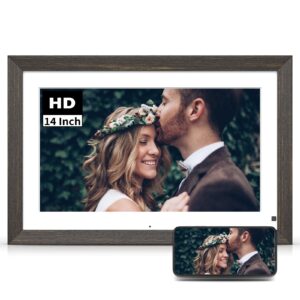 bsimb 32gb 13.3 inch wood-effect wifi digital photo frame hd ips touch screen smart large picture frame with remote control, auto-rotate, wall mountable, easy to share photos & videos via app & email