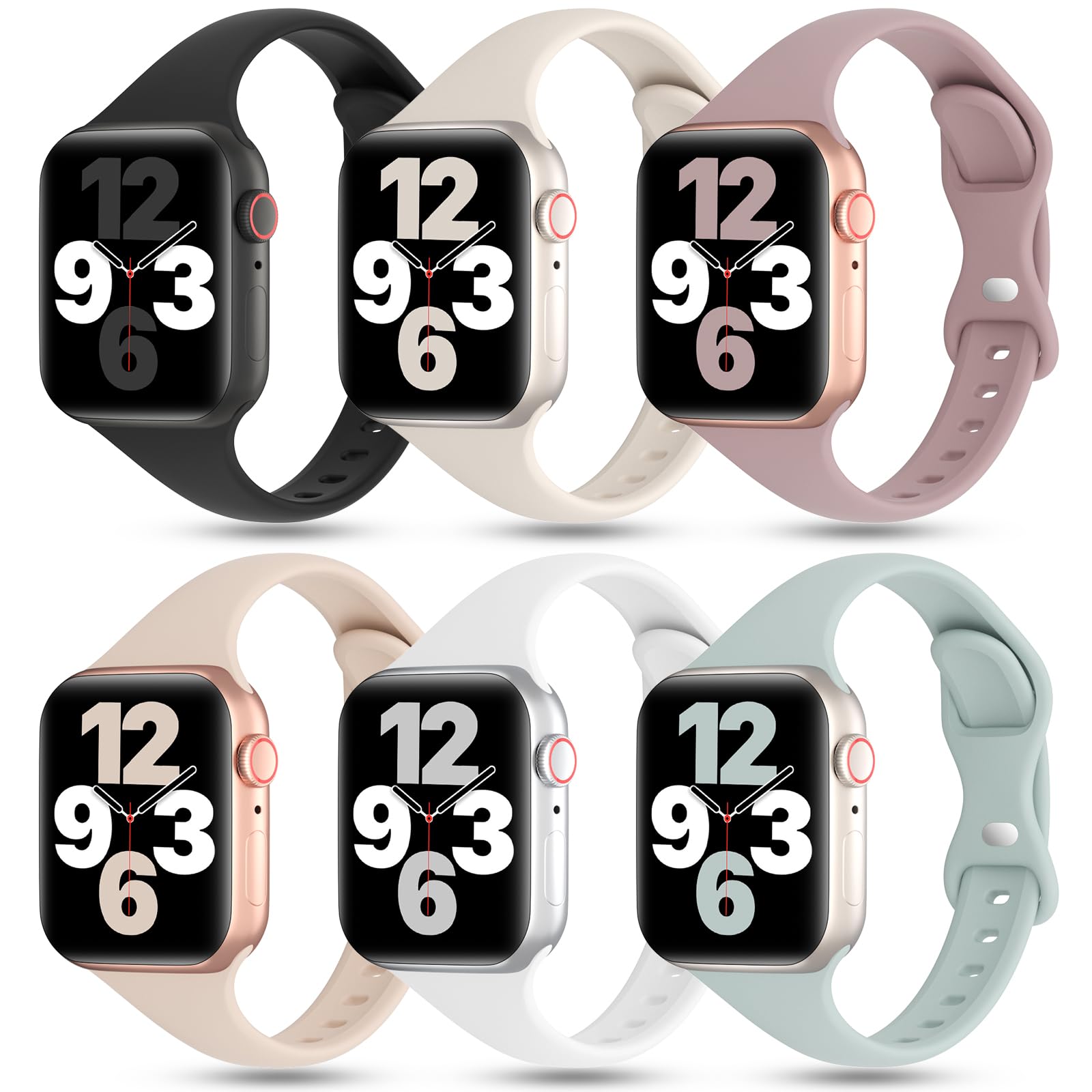 6 Pack Thin Bands Compatible with Apple Watch Band 38mm 40mm 41mm 42mm 44mm 45mm 46mm 49mm Women Men, Sport Silicone Strap Slim Wristband for iWatch Series 10 9 8 SE 7 6 5 4 3 2 1 Ultra