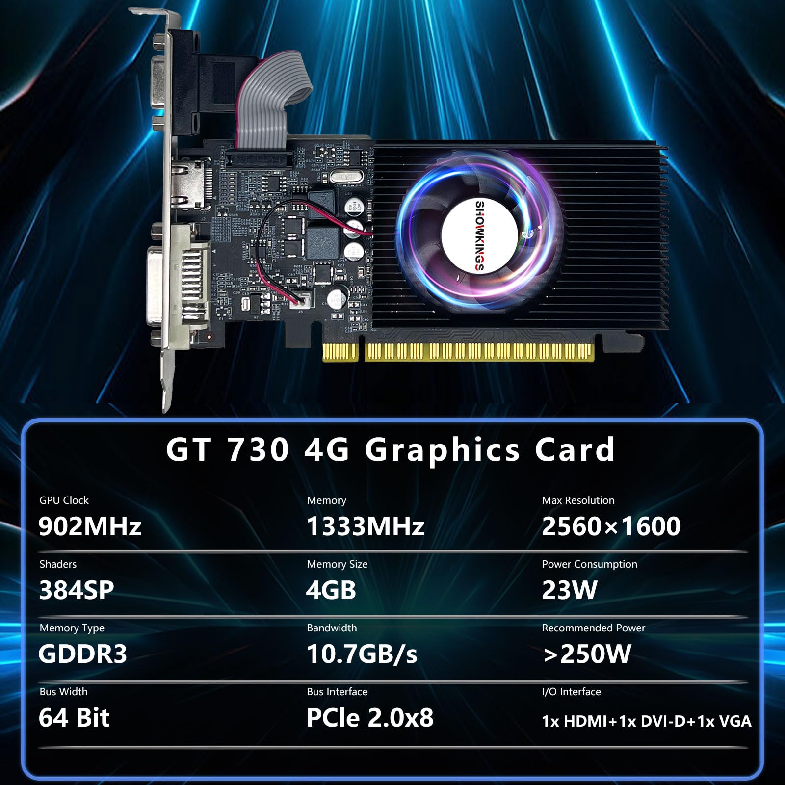 SHOWKINGS GeForce GT 730 4GB Graphics Card, 128Bit GDDR3 PCIe x16 Low Profile Computer GPU for Working, HDMI VGA DVI Output Desktop Gaming Video Card Support Win11 2K with Bracket