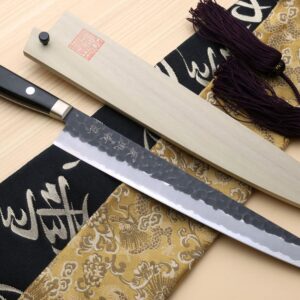 Yoshihiro Kurouchi Super Blue Steel Stainless Clad Sujihiki Slicer Chef Knife (9.5" (240mm) & Saya, Black Pakkawood Handle)