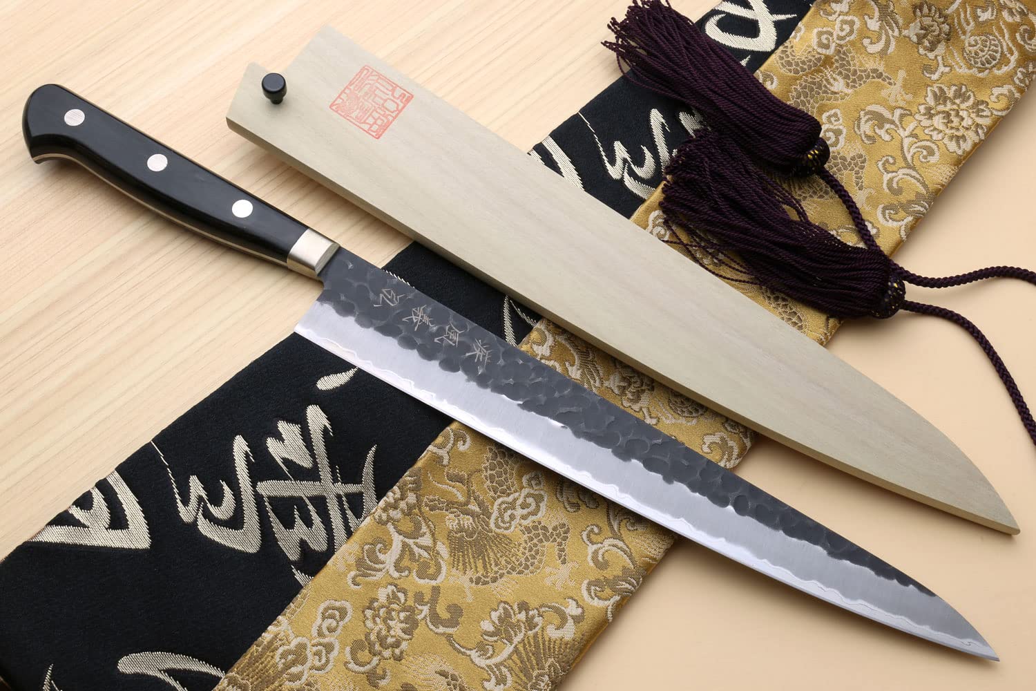 Yoshihiro Kurouchi Super Blue Steel Stainless Clad Sujihiki Slicer Chef Knife (9.5" (240mm) & Saya, Black Pakkawood Handle)