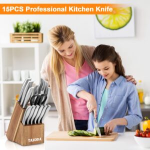 Knife Sets for Kitchen with Block, 15 Pieces Kitchen Knife Set, German Stainless Steel Knives Set for Kitchen, Dishwasher Safe Knife Block Set, Knife Set with Sharpener, Professional Chef Knife