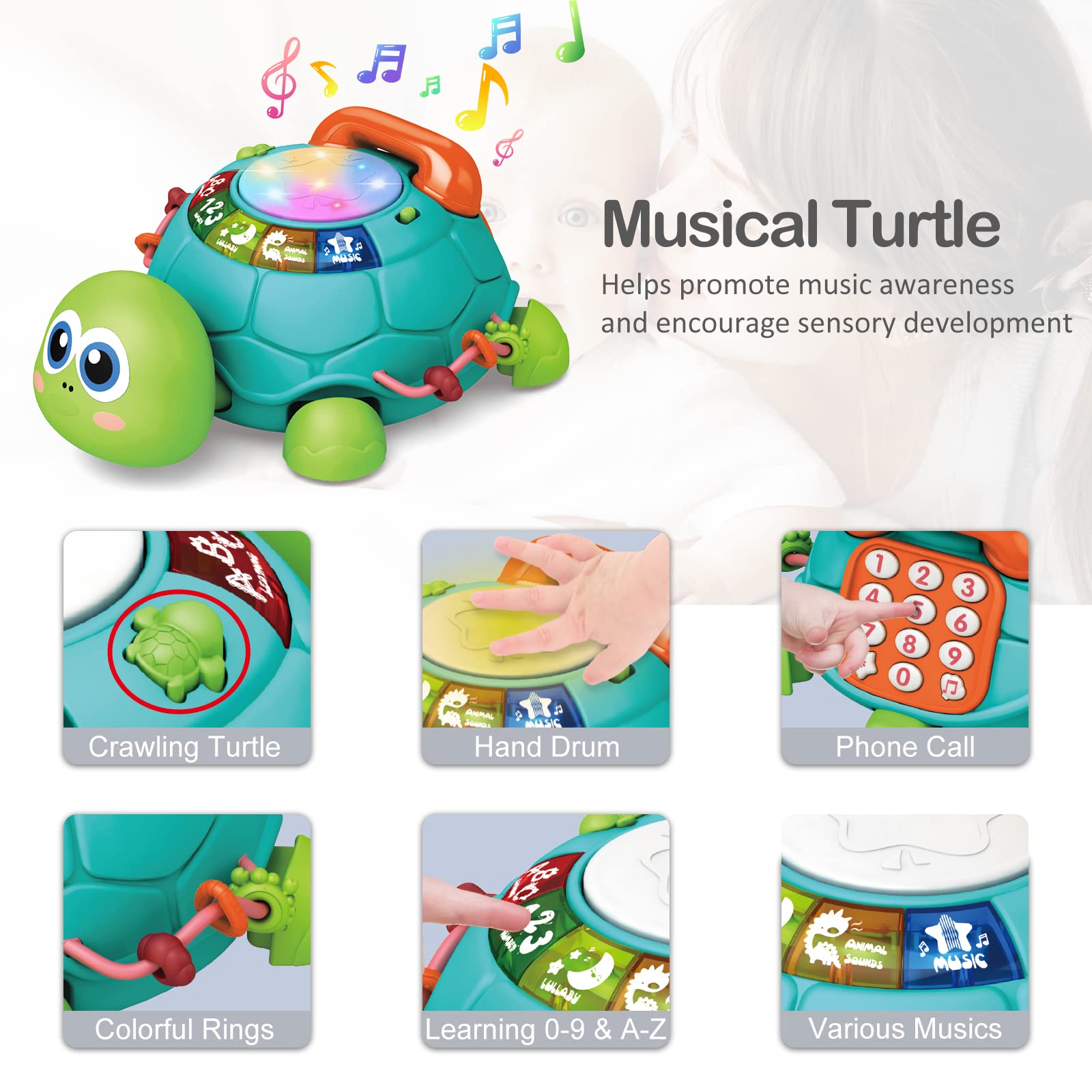 Growinlove Baby Musical Crawling Turtle Toy, Multifunction Early Educational Music Toys, Baby Light Up Crawling Toys, Great Gifts for Baby Infants Toddlers Boys Girls