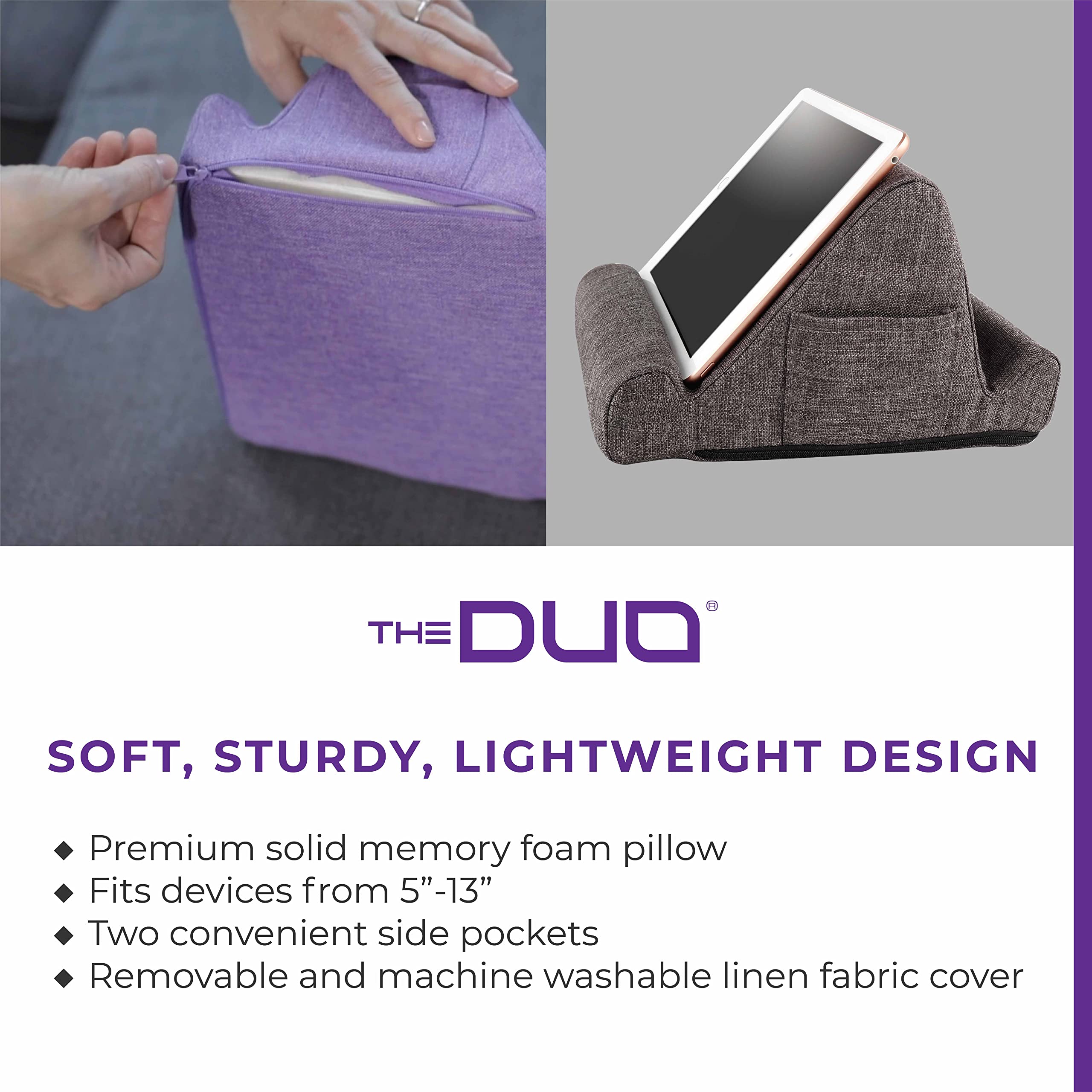 THE DUO Multi-Angle Viewing Stand for iPad, Tablet, Phone - Pillow Tablet Stand with Side Pockets - Portable Tablet Holder for Travel and Work from Home - Grey, 10 x 10 x 6.75 inches