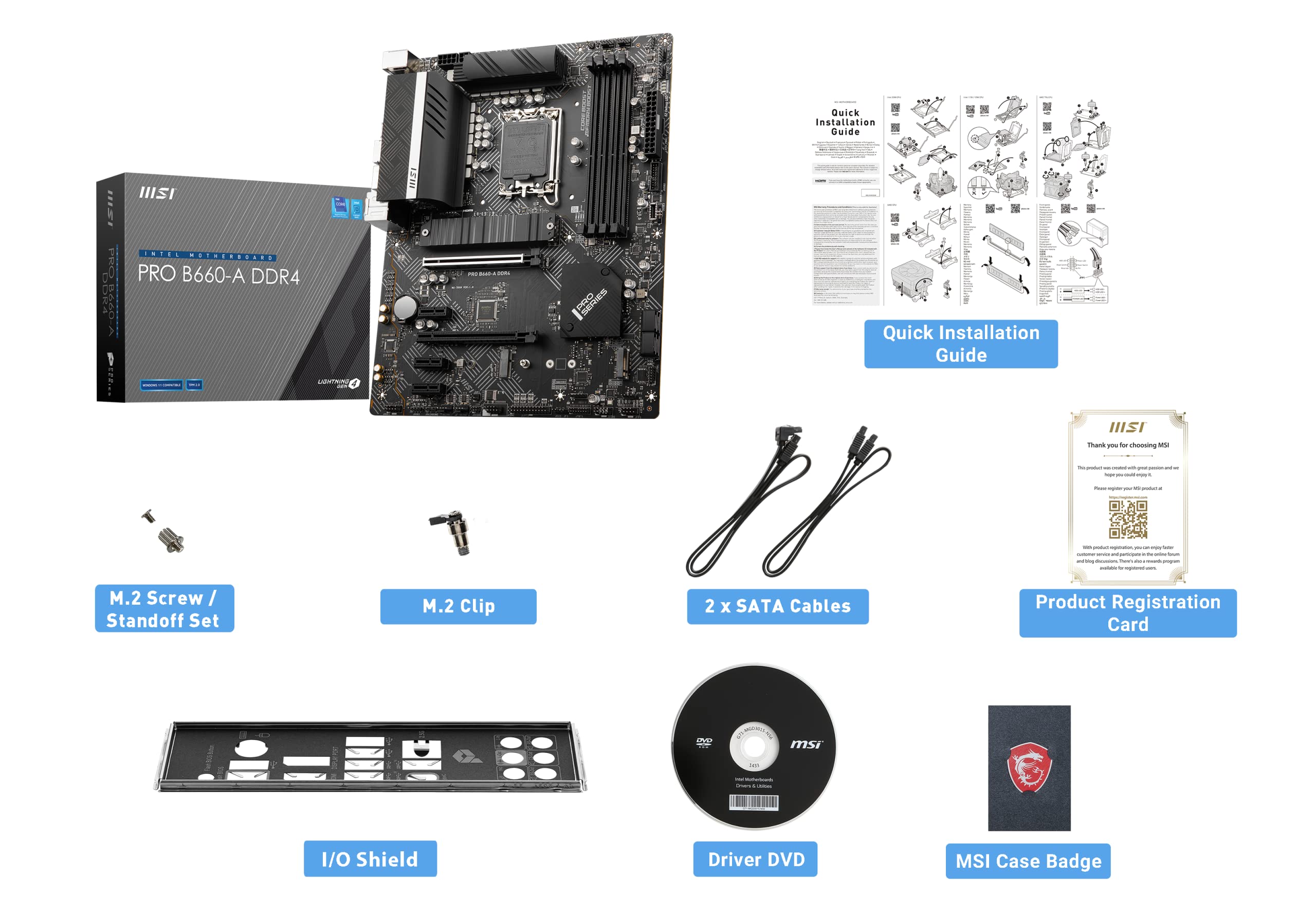 MSI PRO B660-A DDR4 Motherboard (ATX, 12th Gen Intel Core, LGA 1700 Socket, DDR4, PCIe 4, 2.5G LAN, M.2 Slots, USB 3.2)