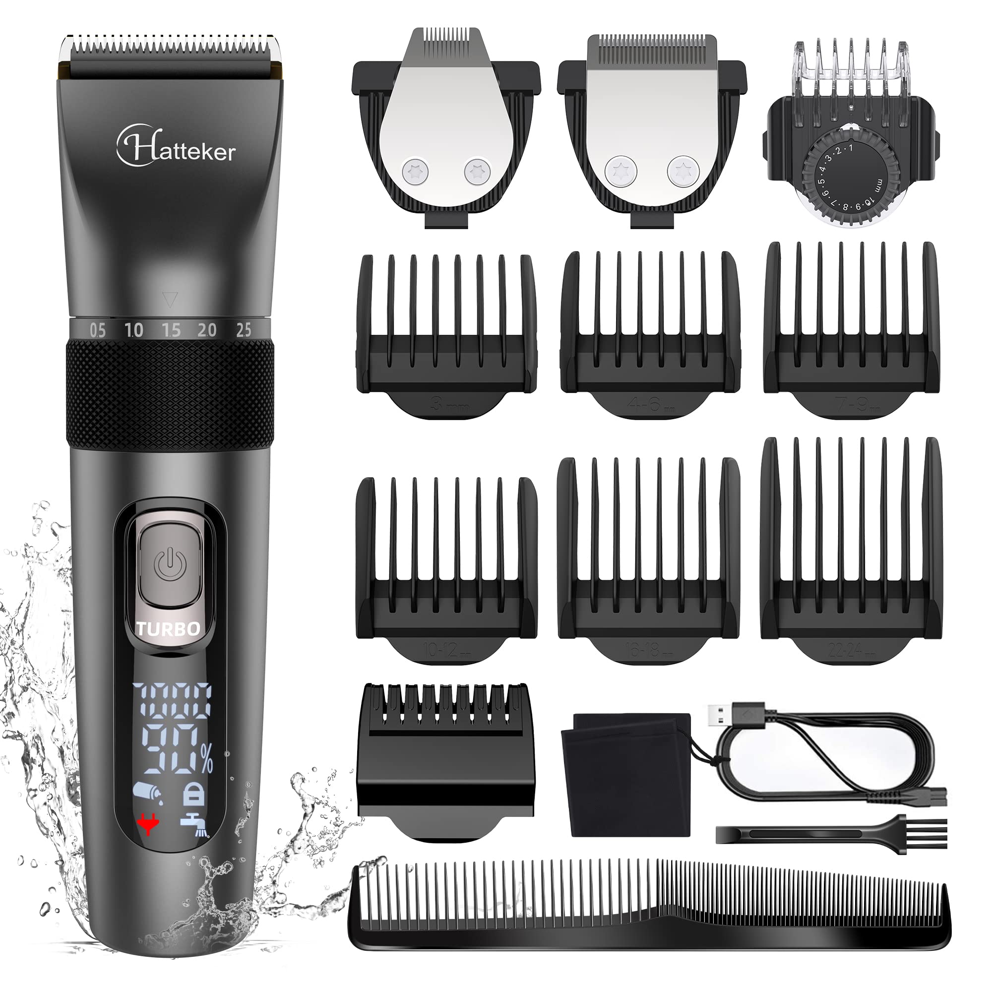 Hatteker Adjustable Beard Trimmer Hair Cutting Kit Hair Clippers for Men Cordless Waterproof Three-Speeds/15-pieces Hair Trimmer USB Rechargeable