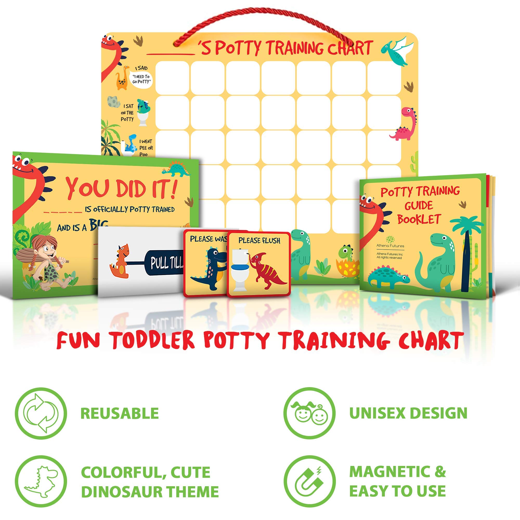 ATHENA FUTURES Potty Training Count Down Timer Watch - Dinosaur Yellow and Potty Training Chart for Toddlers Magnetic Reuseable - Dinosaur Design