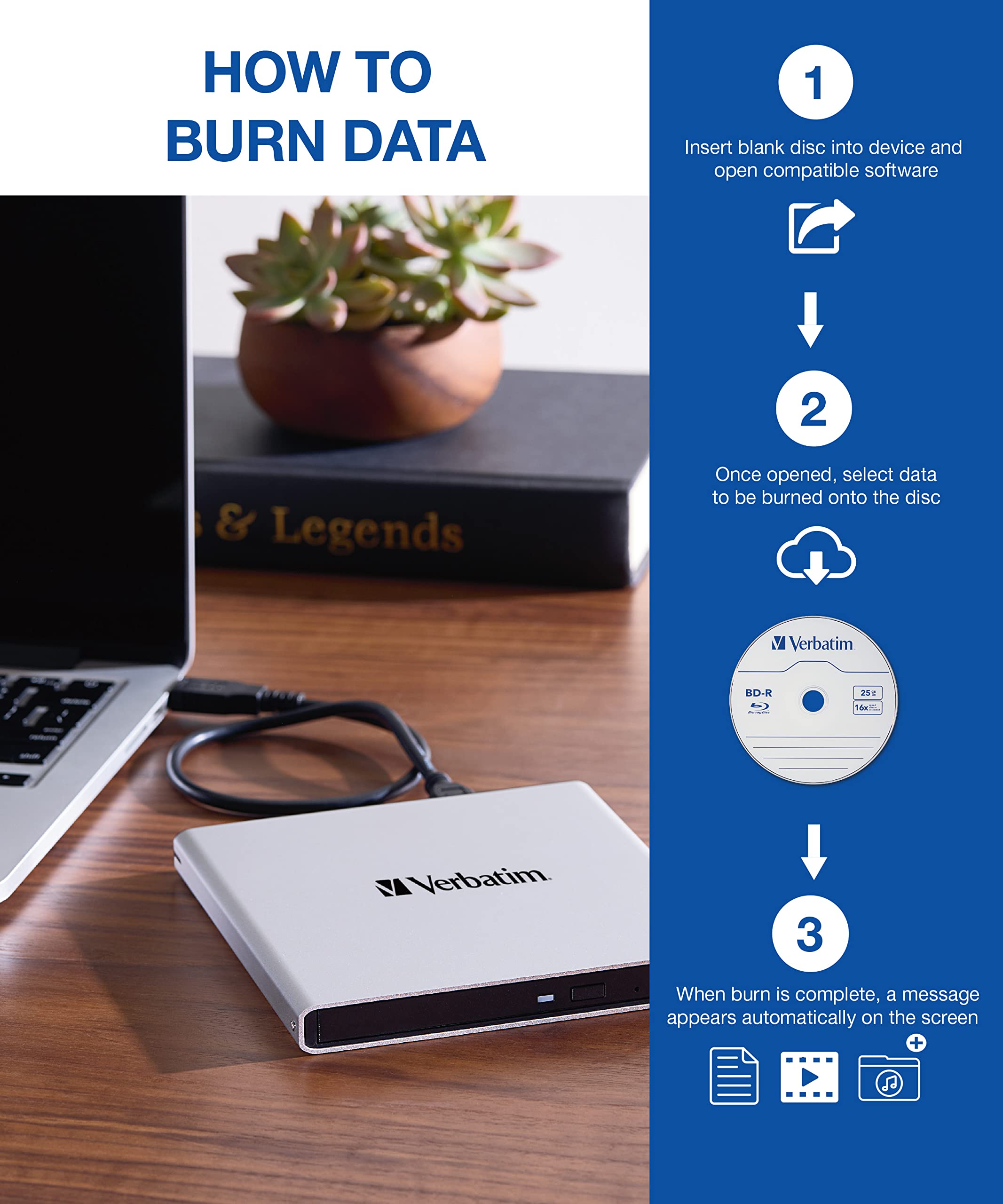 Verbatim External CD DVD Blu-ray Writer USB 3.0 M-Disc Ready - Movie playback requires playback software (not included)