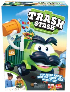 goliath trash stash game - fill trashcan, watch it dump into garbage truck or truck chucks it up - no reading required, ages 4 and up, 2-4 players , green