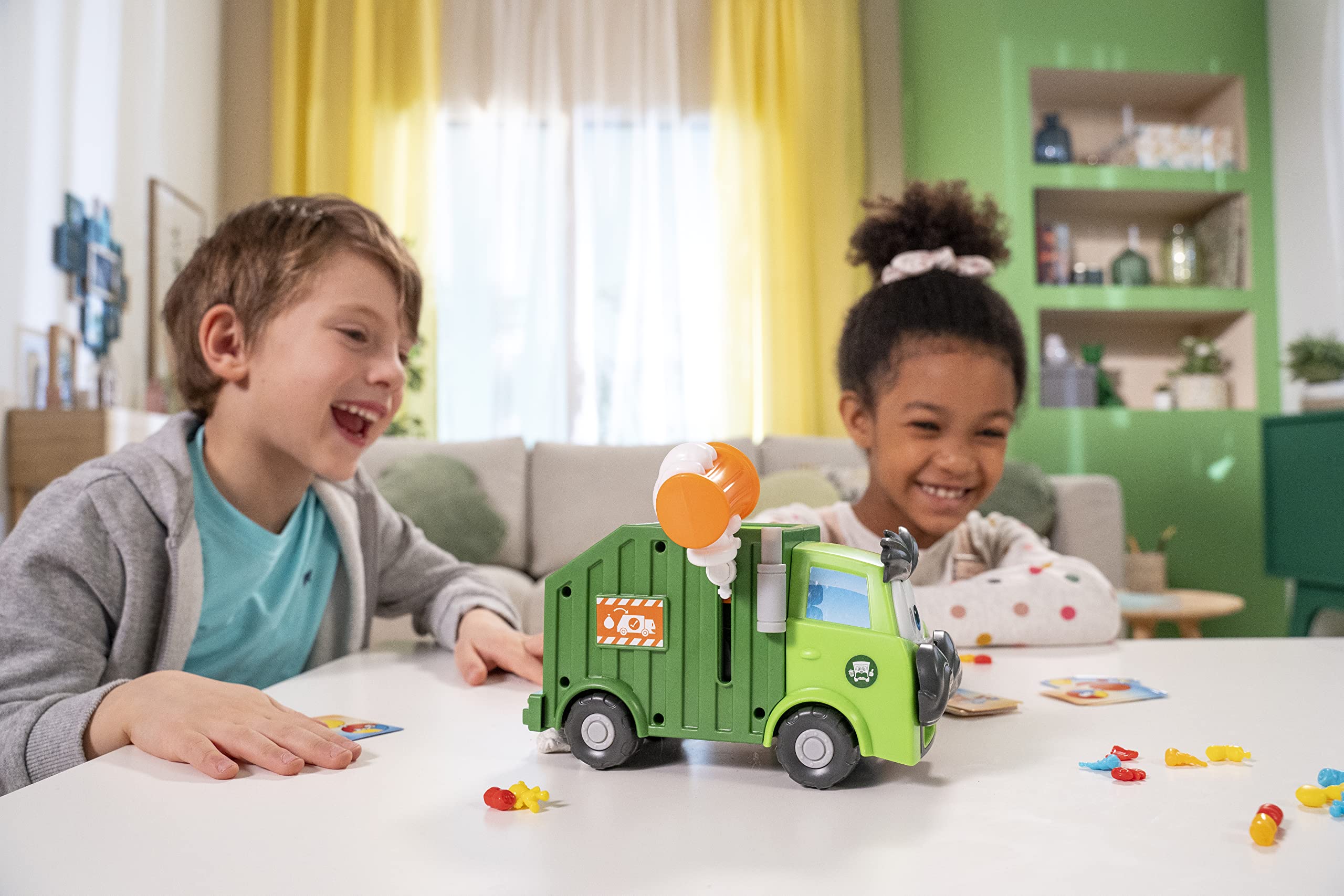 Goliath Trash Stash Game - Fill Trashcan, Watch It Dump Into Garbage Truck Or Truck Chucks It Up - No Reading Required, Ages 4 and Up, 2-4 Players , Green