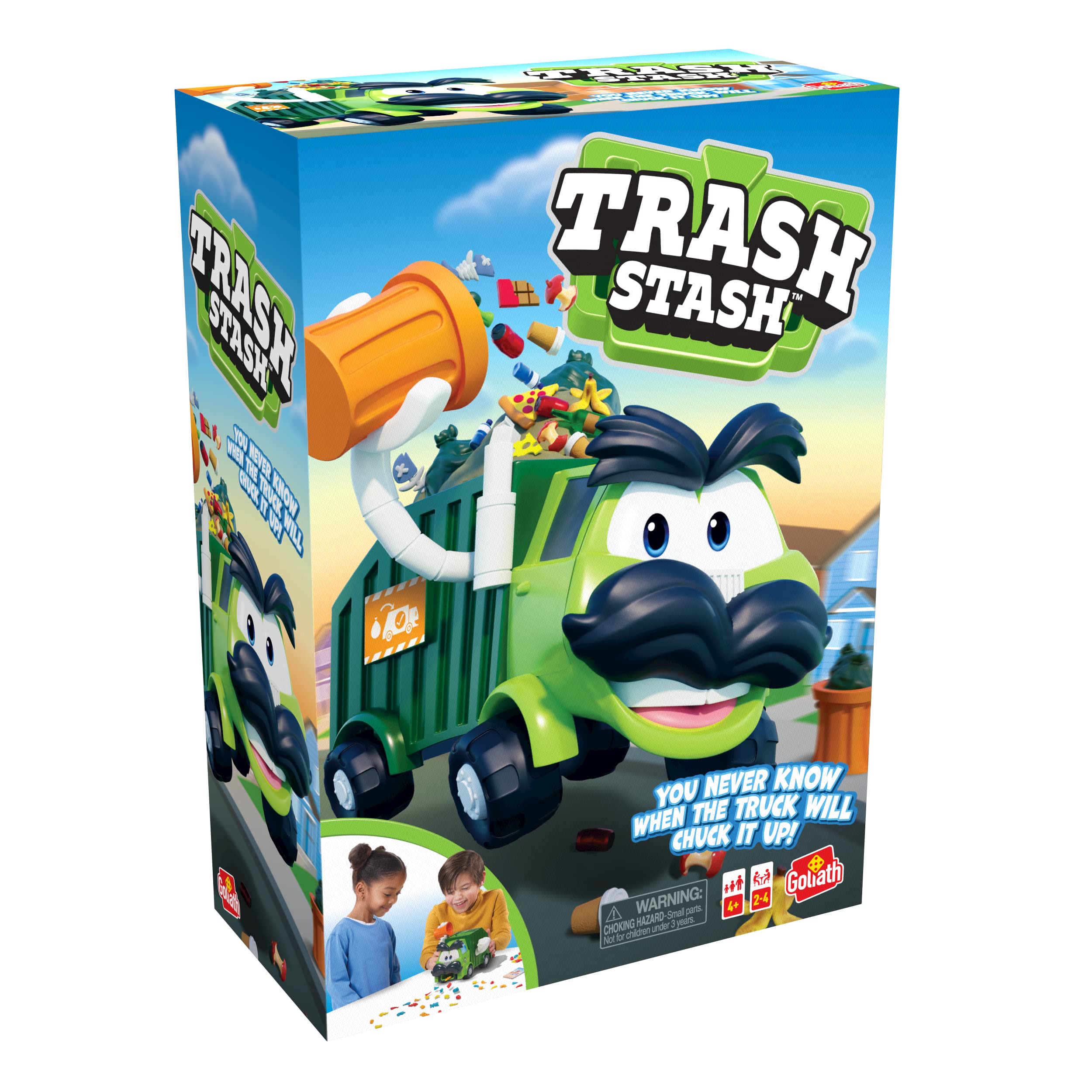 Goliath Trash Stash Game - Fill Trashcan, Watch It Dump Into Garbage Truck Or Truck Chucks It Up - No Reading Required, Ages 4 and Up, 2-4 Players , Green