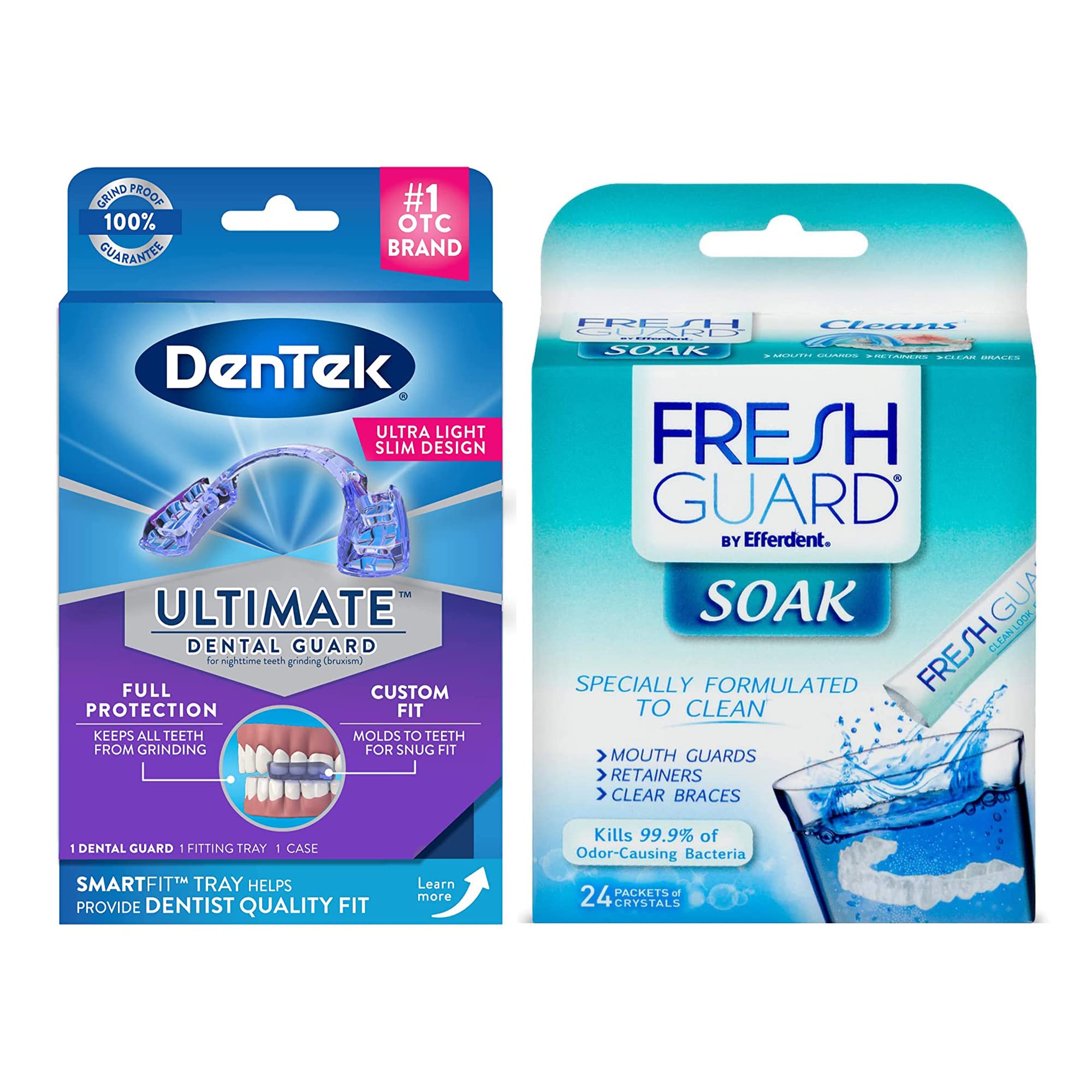 DenTek Ultimate Guard for Nighttime Teeth Grinding with Fresh Guard Soak Clear Braces