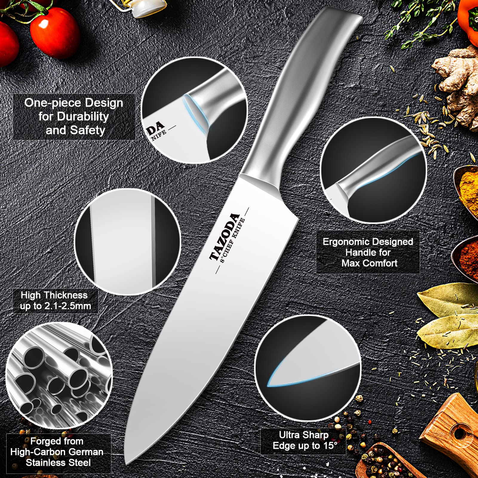 Knife Sets for Kitchen with Block, 15 Pieces Kitchen Knife Set, German Stainless Steel Knives Set for Kitchen, Dishwasher Safe Knife Block Set, Knife Set with Sharpener, Professional Chef Knife