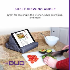 THE DUO Multi-Angle Viewing Stand for iPad, Tablet, Phone - Pillow Tablet Stand with Side Pockets - Portable Tablet Holder for Travel and Work from Home - Grey, 10 x 10 x 6.75 inches