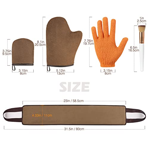 Luxspire 5 Piece Self Tanning Mitt Applicator Kit, Soft Tanner Mitt Set with Exfoliating Glove, Back Lotion Applicator, Face Makeup Brush, Mini Finger Face Self Tanner Mitt for Lotions, Mousses,Creams