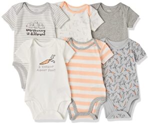 amazon essentials unisex babies' short-sleeve bodysuits, pack of 6, multicolor/bunny/carrots/rugby stripe, 6-9 months