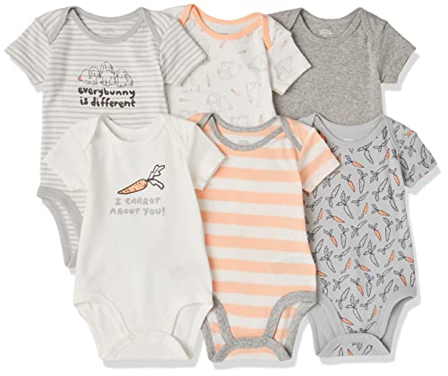 Amazon Essentials Unisex Babies' Short-Sleeve Bodysuits, Pack of 6, Multicolor/Bunny/Carrots/Rugby Stripe, 6-9 Months