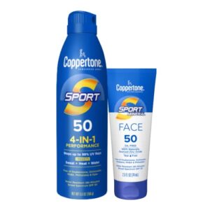 coppertone sport sunscreen spray + face sunscreen spf 50, water resistant sunscreen pack, spray sunscreen and facial sunscreen lotion (5.5 oz spray + 2.5 fl oz tube bundle)