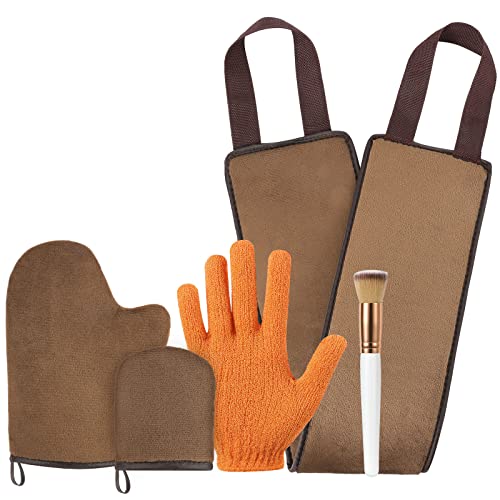 Luxspire 5 Piece Self Tanning Mitt Applicator Kit, Soft Tanner Mitt Set with Exfoliating Glove, Back Lotion Applicator, Face Makeup Brush, Mini Finger Face Self Tanner Mitt for Lotions, Mousses,Creams