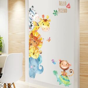 HILUCK Wall Door Stickers Decals Decoration Cartoon Cute Animals Tree Giraffe Horse Lion Elephant Turtle Monkey Deer Jungle Safari Woodland Removable For Children Boy Girl Kids Baby Bedroom Wardrobe Baby Nursery Wall Decor