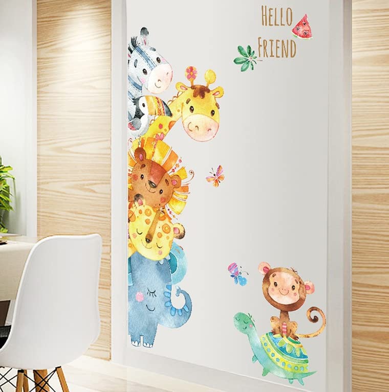 HILUCK Wall Door Stickers Decals Decoration Cartoon Cute Animals Tree Giraffe Horse Lion Elephant Turtle Monkey Deer Jungle Safari Woodland Removable For Children Boy Girl Kids Baby Bedroom Wardrobe Baby Nursery Wall Decor