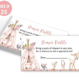 Yuzioey Boho Woodland Baby Shower Invitations, 25 Pack Girl Woodland Invitations Macthing Envelpoes, Diaper Raffle Tickets, Book Request Cards, Pink Teepee Woodland Creatures Invitations