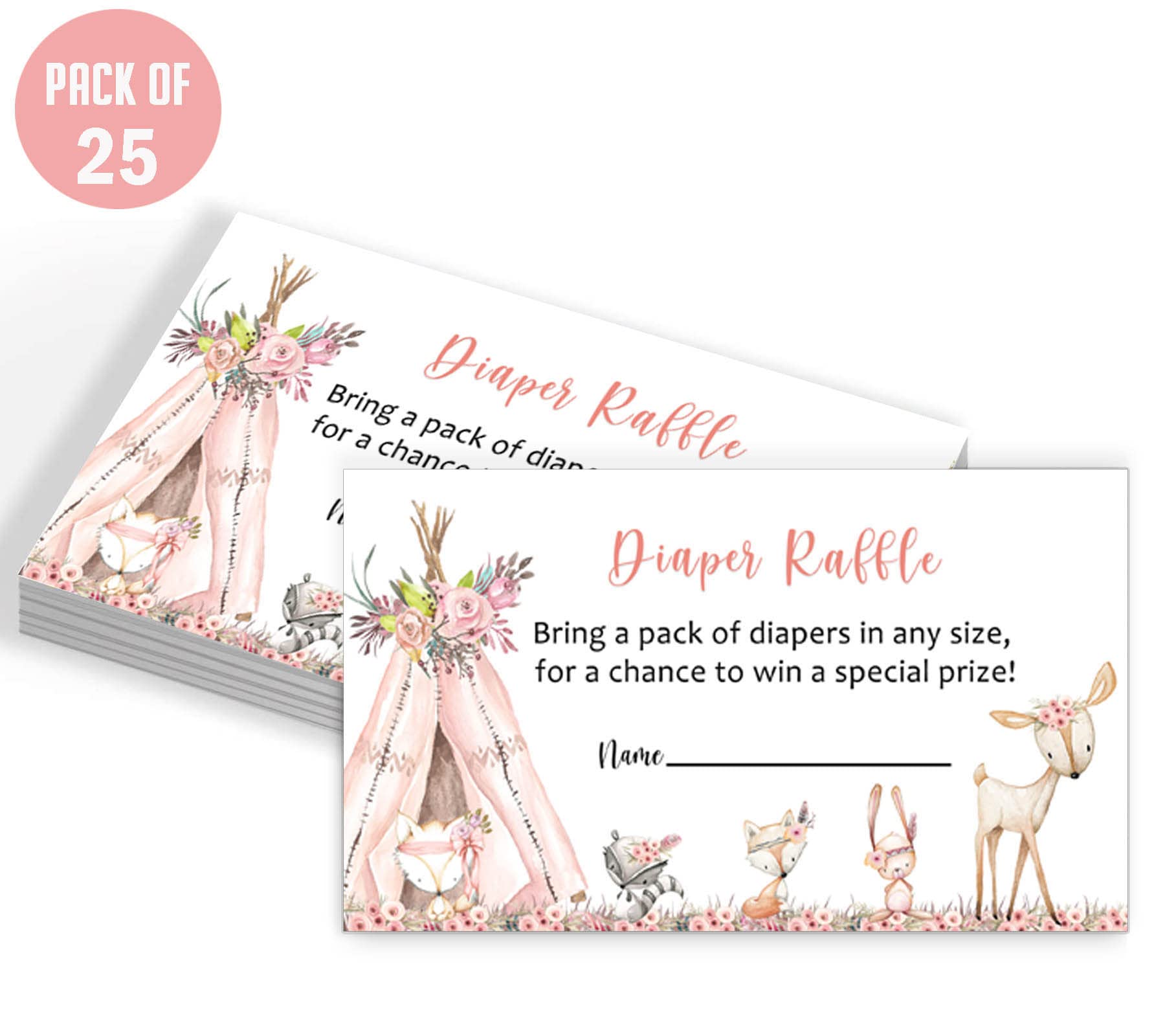 Yuzioey Boho Woodland Baby Shower Invitations, 25 Pack Girl Woodland Invitations Macthing Envelpoes, Diaper Raffle Tickets, Book Request Cards, Pink Teepee Woodland Creatures Invitations