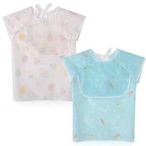 little dimsum 2 pcs baby food bibs short sleeves feeding bibs waterproof baby bibs 6-48 months toddler bibs apron smock with top pocket bag for babies/toddlers/infants