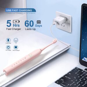 HAXAYOLO Rechargeable Electric Toothbrush , Waterproof Whitening Electric Tooth Brushes with 8 Brush Heads for Adults and Kids, Whitening Toothbrush with 6 Cleaning Modes and Smart Timer(Pink)