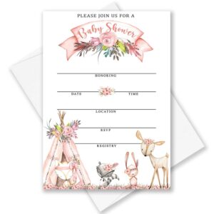 Yuzioey Boho Woodland Baby Shower Invitations, 25 Pack Girl Woodland Invitations Macthing Envelpoes, Diaper Raffle Tickets, Book Request Cards, Pink Teepee Woodland Creatures Invitations