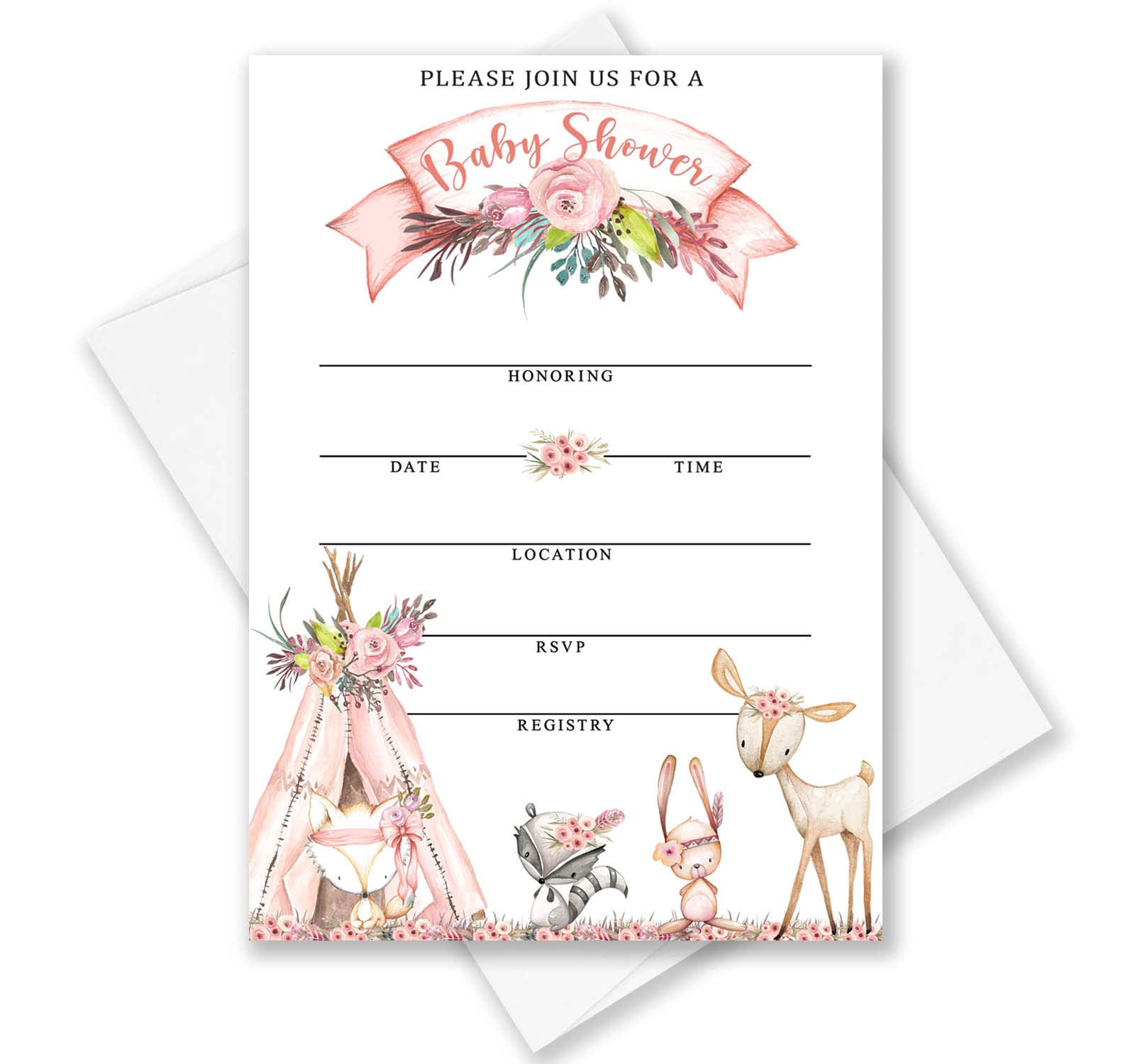 Yuzioey Boho Woodland Baby Shower Invitations, 25 Pack Girl Woodland Invitations Macthing Envelpoes, Diaper Raffle Tickets, Book Request Cards, Pink Teepee Woodland Creatures Invitations