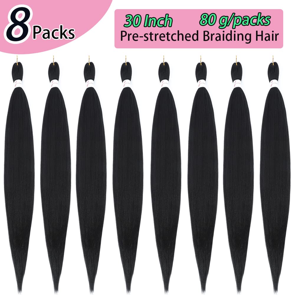 Braiding Hair Pre Stretched Braiding Hair Extensions 30 Inch 8 Packs Long Prestretched Crochet Braids Hair Hot Water Setting Premium Yaki Texture(1B#)