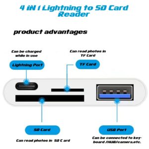 Lightning to SD Card Reader - 4 in 1 Memory Card Adapter for iPhone with USB Female OTG, Compatible with SD/TF Cards. Portable and Fast Charging.