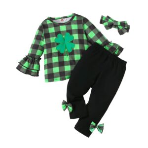 toddler girl st. patrick's day clothes kid girl plaid four leaf clover knitted t-shirt top + flared pants spring outfit (green- c, 5-6 years)