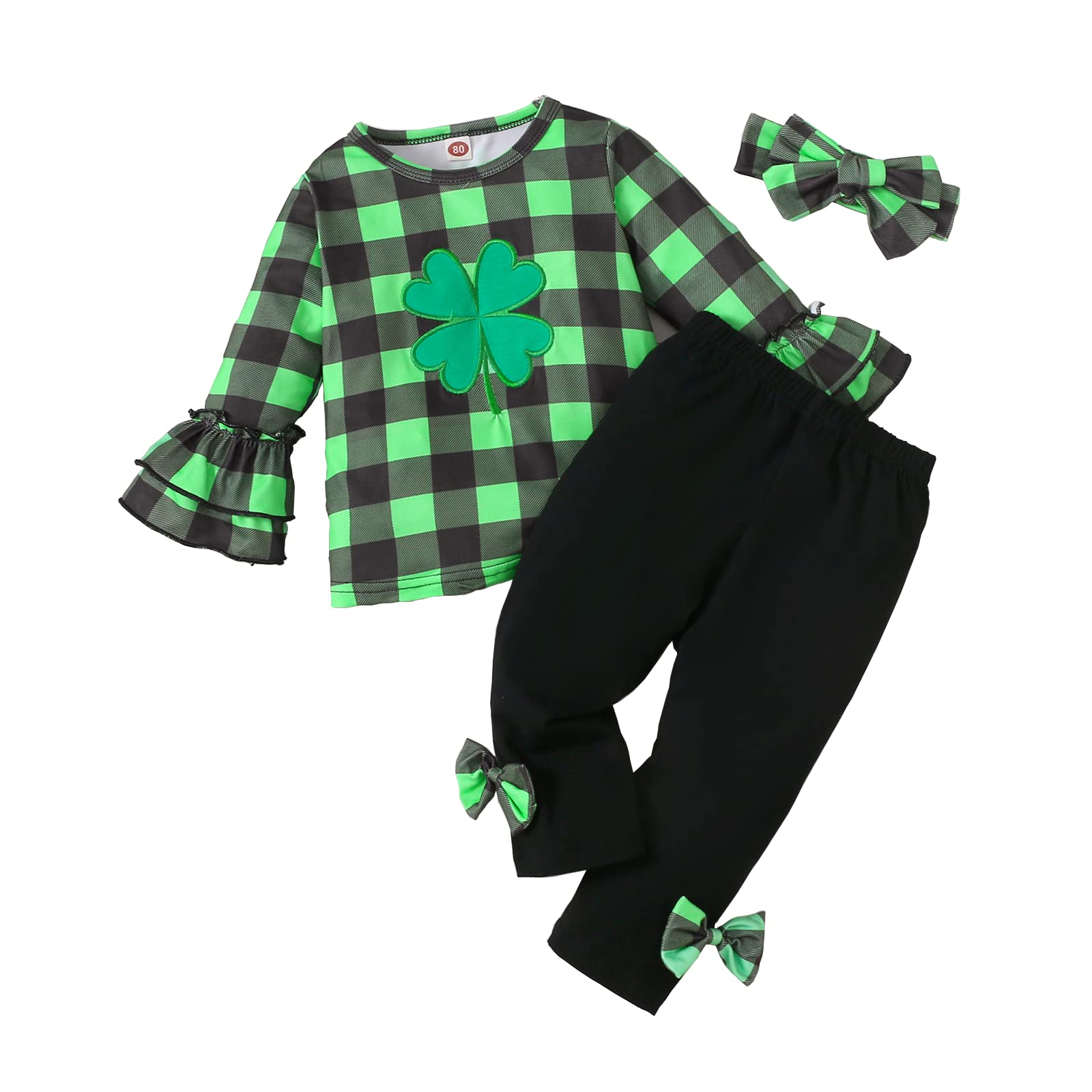 Toddler Girl St. Patrick's Day Clothes Kid Girl Plaid Four Leaf Clover Knitted T-Shirt Top + Flared Pants Spring Outfit (Green- C, 5-6 Years)