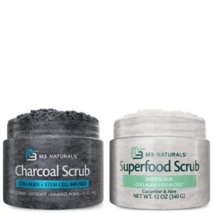 m3 naturals charcoal body scrub 12 oz + superfood body scrub 12 oz