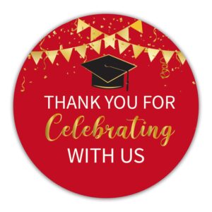 2" red and gold graduation thank you stickers, 50 congrats grad party round favor sticker labels.