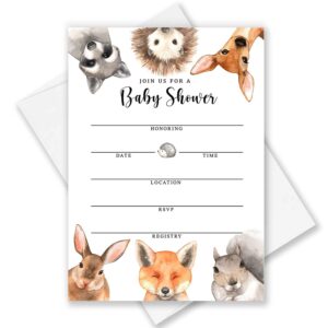 Yuzioey Woodland Baby Shower Invitations, 25 Pack Boy Woodland Invitations Macthing Envelpoes, Diaper Raffle Tickets, Book Request Cards