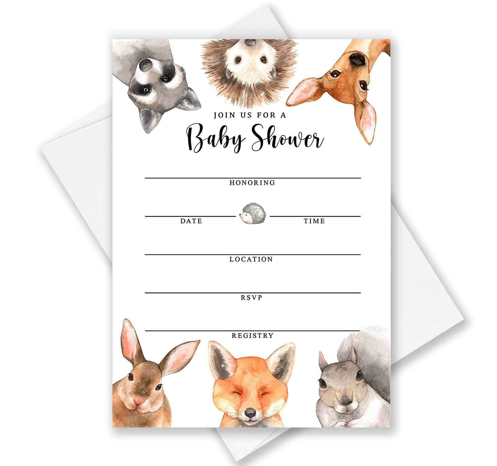 Yuzioey Woodland Baby Shower Invitations, 25 Pack Boy Woodland Invitations Macthing Envelpoes, Diaper Raffle Tickets, Book Request Cards