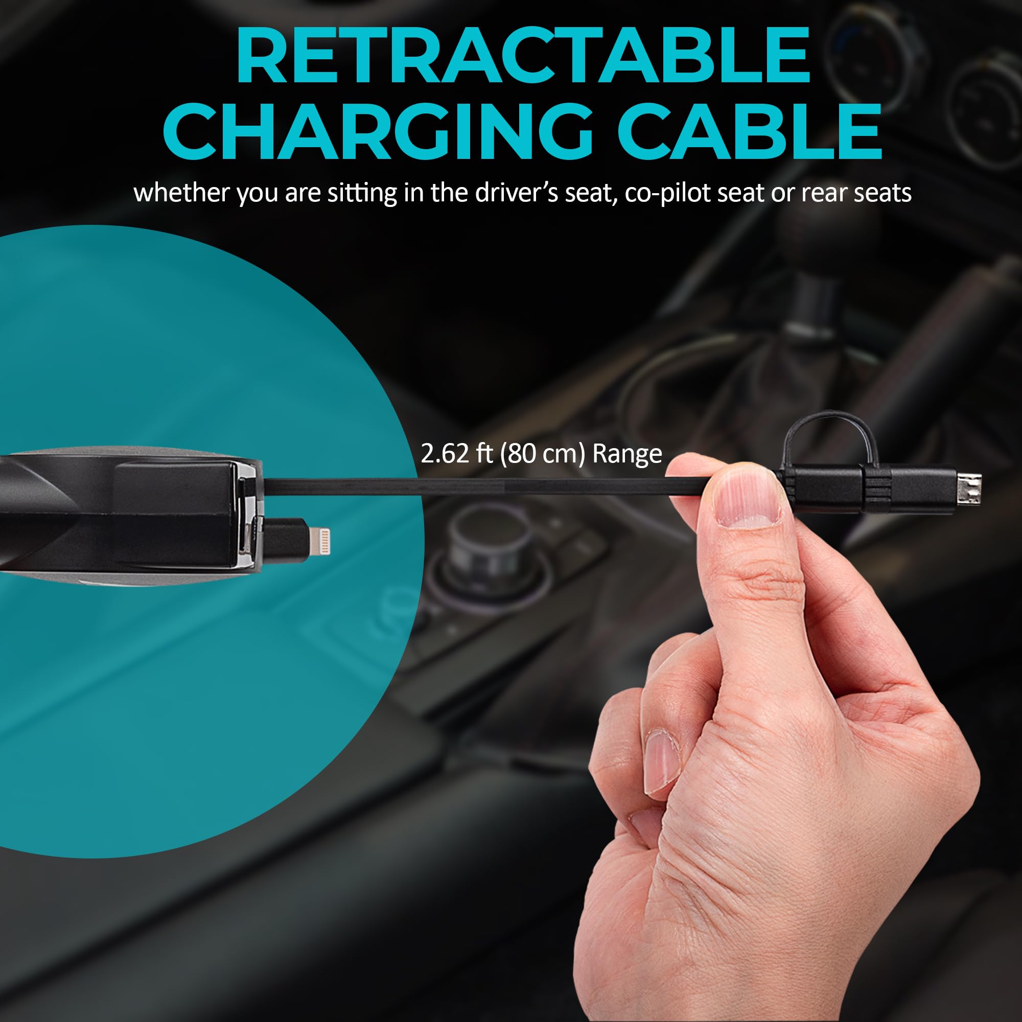 Retractable Car Charger (2.62 ft) - 3 in 1 Fast Car Charge with 66W, Compatible with iPhone, iPad, Samsung and Android